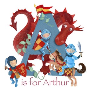 Knight Letter Art Print, Children's Kids Baby Initial Illustration ...