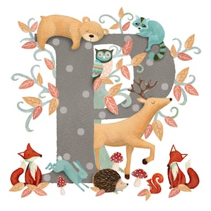 Woodland Letter Art Print Children Kids New Baby Animal Picture Initial ...