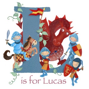 Knight Letter Art Print, Children's Kids Baby Initial Illustration ...