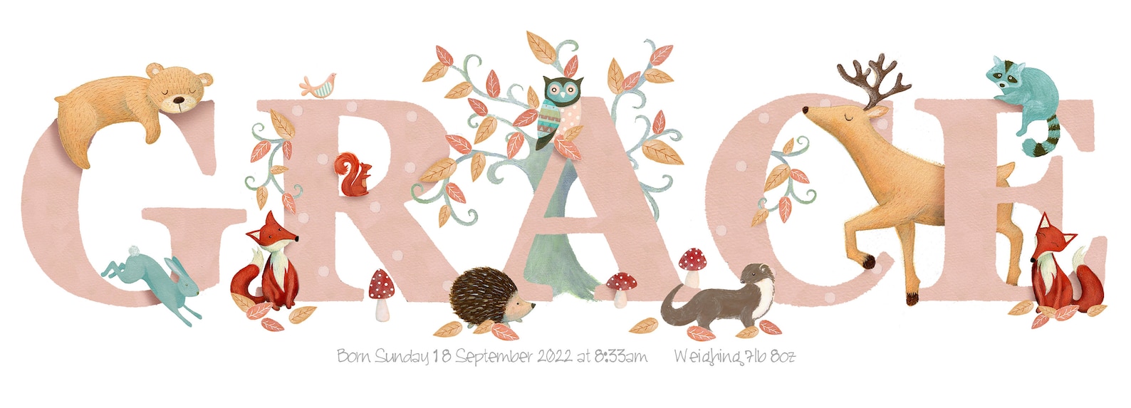 Woodland Animal Name Illustration Print Children's Kids - Etsy