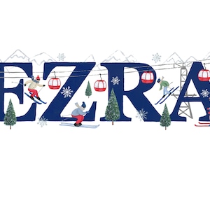 Ski Name Illustration Print Skiing Children Kids Nursery Decor Wall Art ...