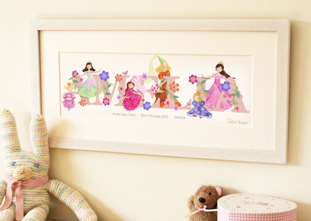 Princess Name Illustration Print Children's Kids Baby Shower Girls ...