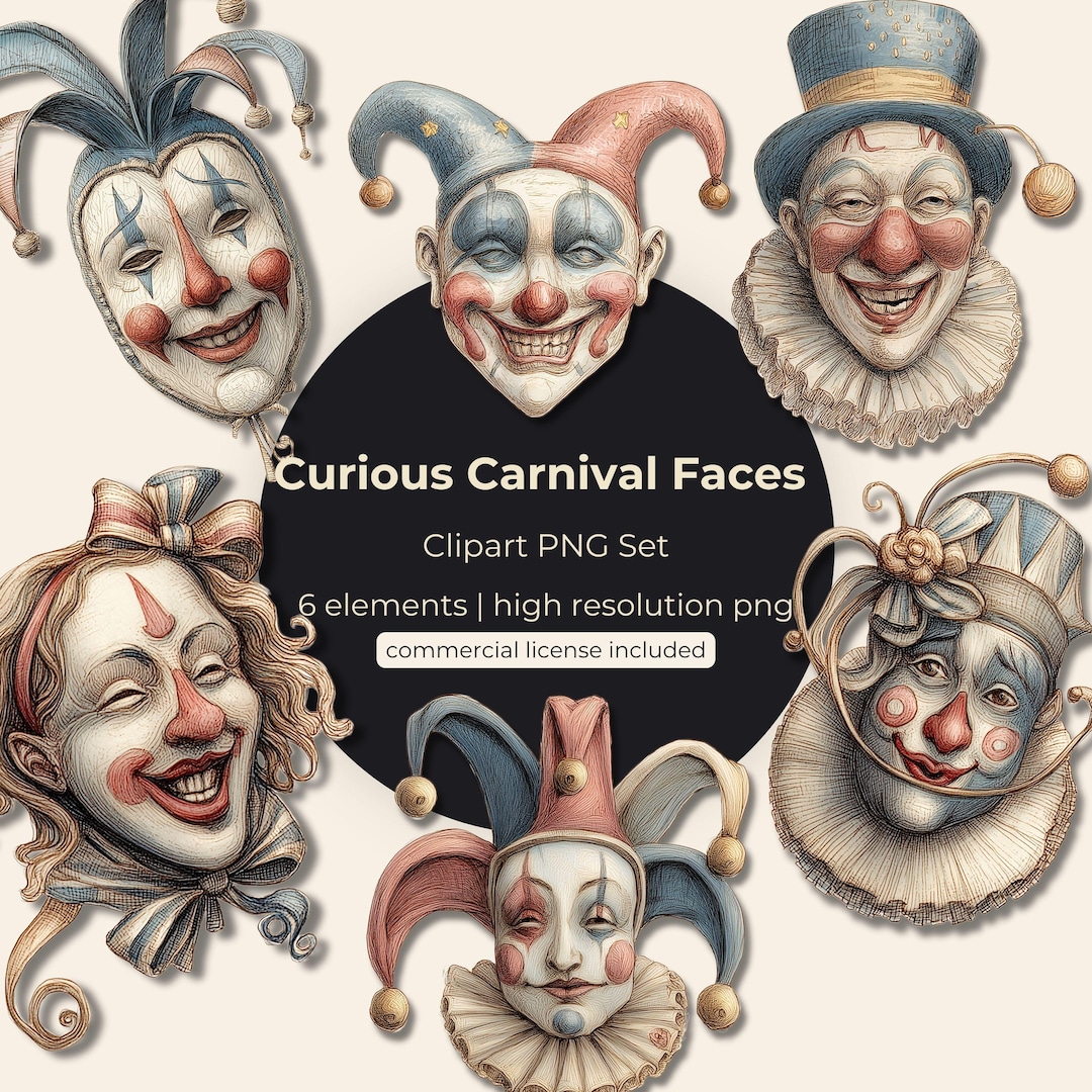 Curious Carnival Faces Clipart Set - Vintage Jester & Clown Heads PNG ...