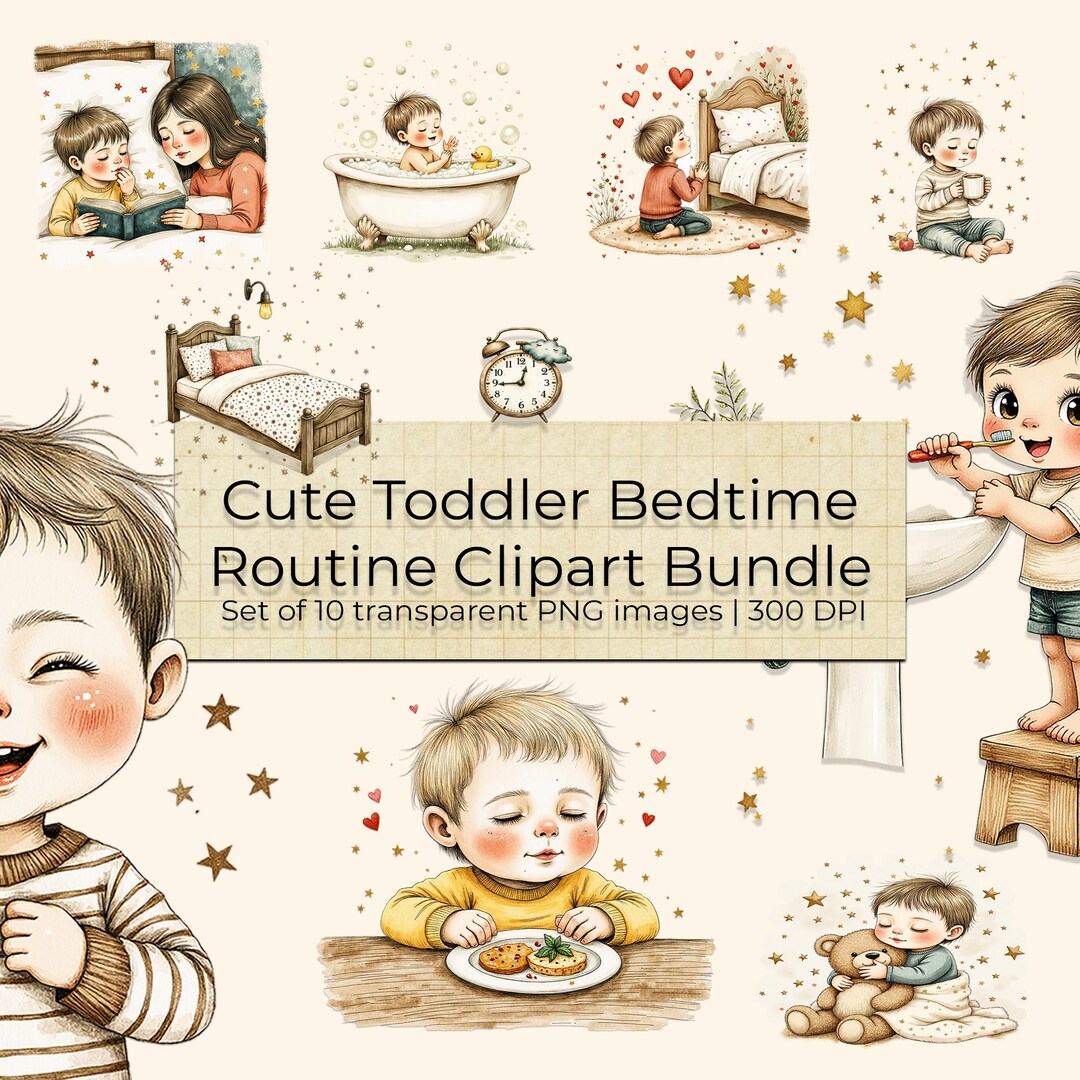 Toddler Bedtime Routine Clipart Bundle: Watercolor PNG, PDF (digital ...