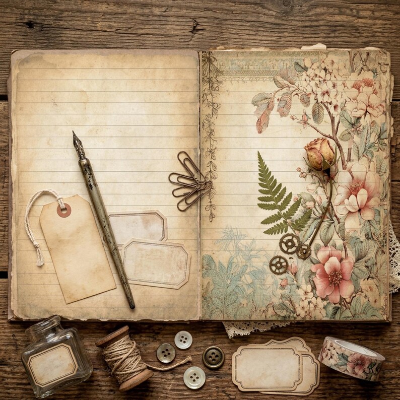 Poppy Garden Junk Journal Writing Papers, Shabby Chic Floral, Lined ...