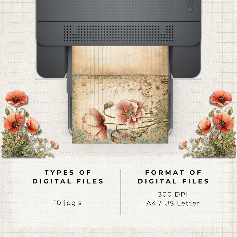 Poppy Garden Junk Journal Writing Papers, Shabby Chic Floral, Lined ...