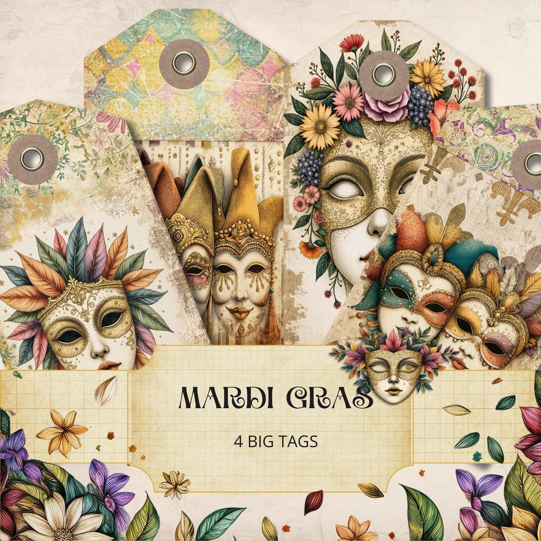 Big Tags Printable Set | Mardi Gras Venetian Masks Bookmarks | Vintage ...