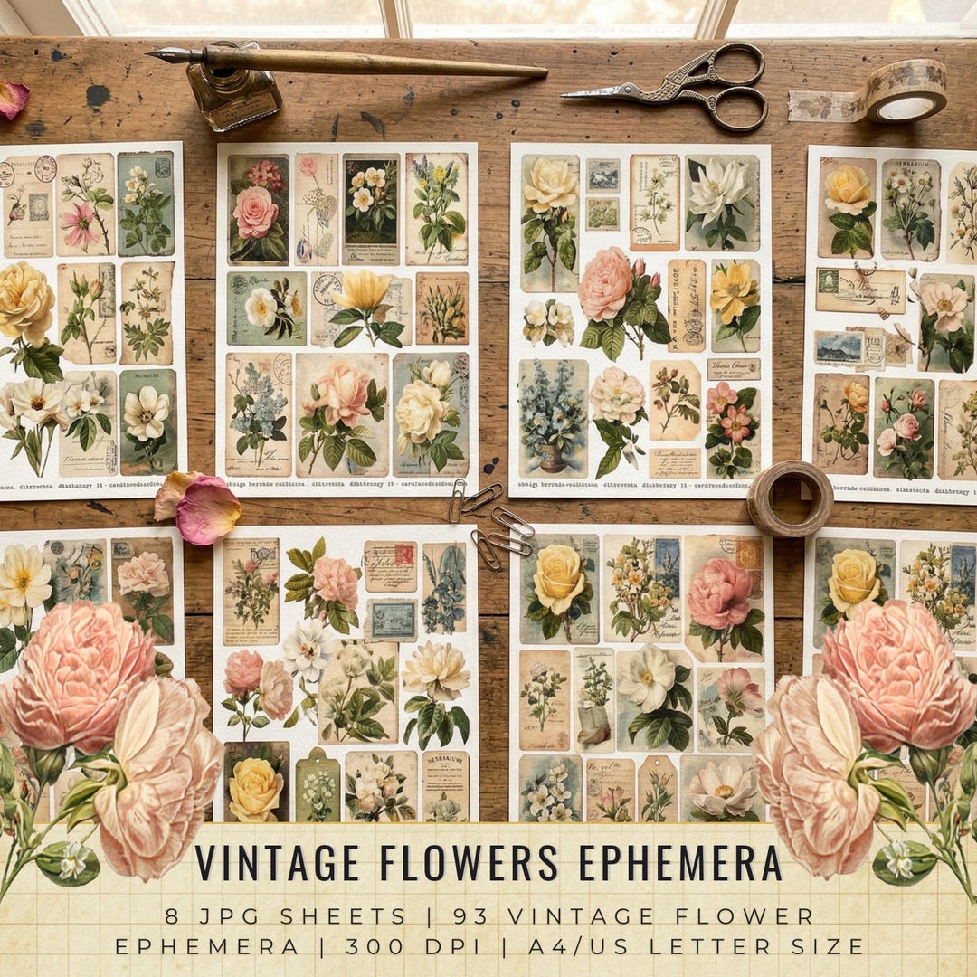 Vintage Botanical Flowers Ephemera Collage Sheets | Junk Journal ...