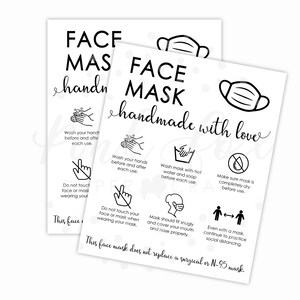 PRINTABLE Face Mask Care Card, Handmade Face Mask Tag, Cloth Face Mask ...