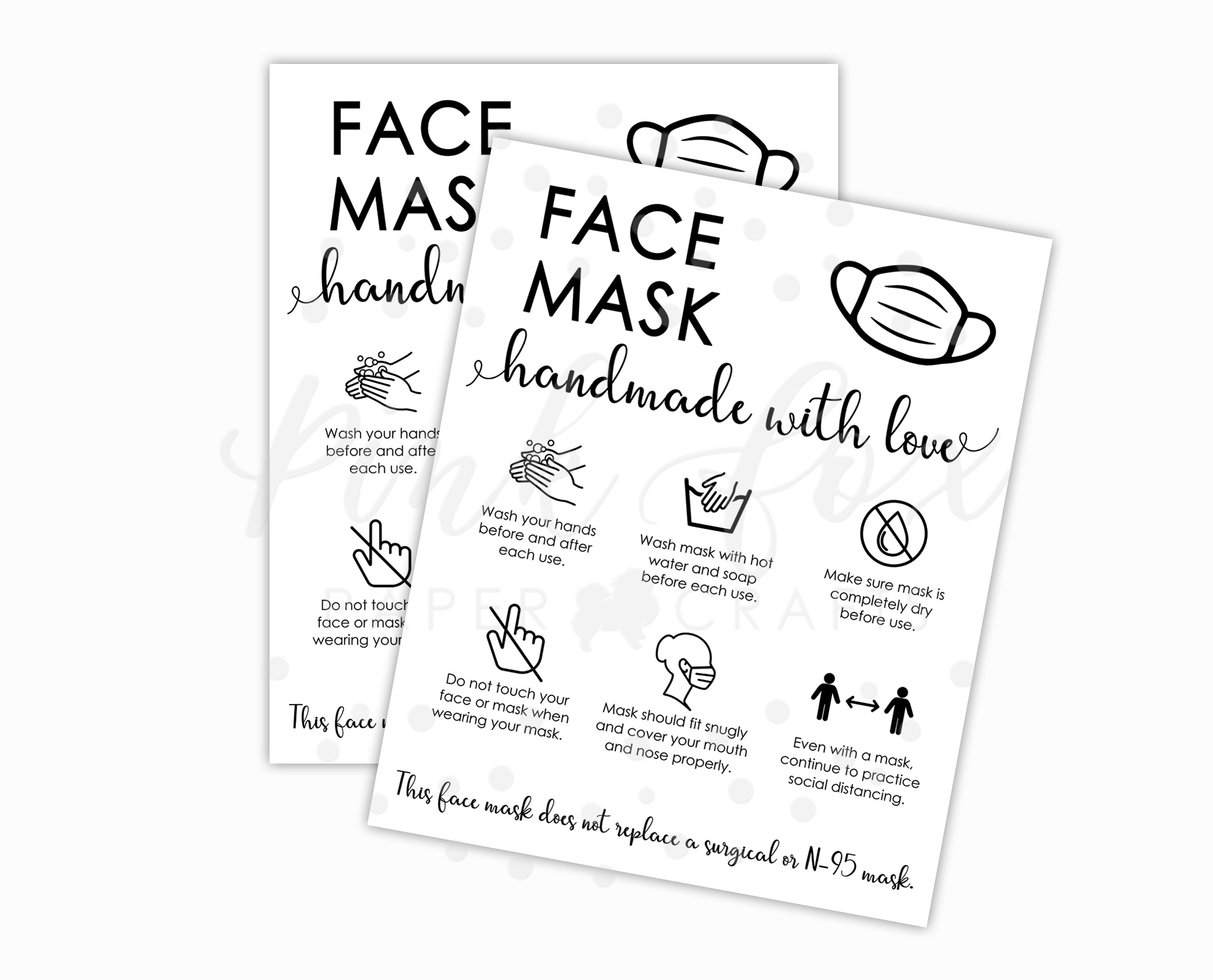PRINTABLE Face Mask Care Card Handmade Face Mask Tag Cloth | Etsy Australia