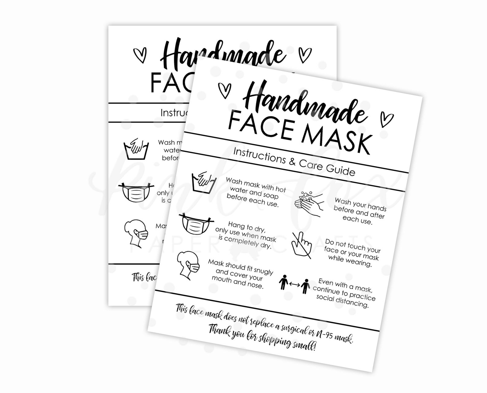 PRINTABLE Face Mask Care Card Handmade Face Mask Tag Cloth - Etsy