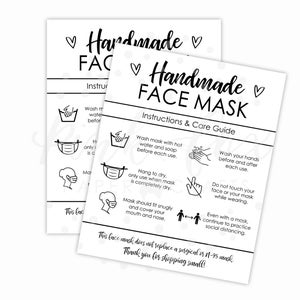 PRINTABLE Face Mask Care Card, Handmade Face Mask Tag, Cloth Face Mask ...