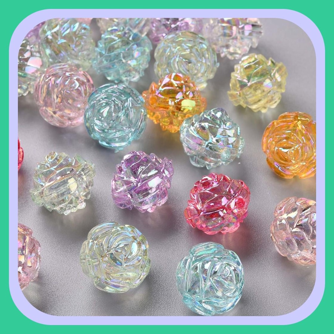 New 20/pc Transparent Pastel Acrylic Beads, AB Color, Flower Rose, Size ...
