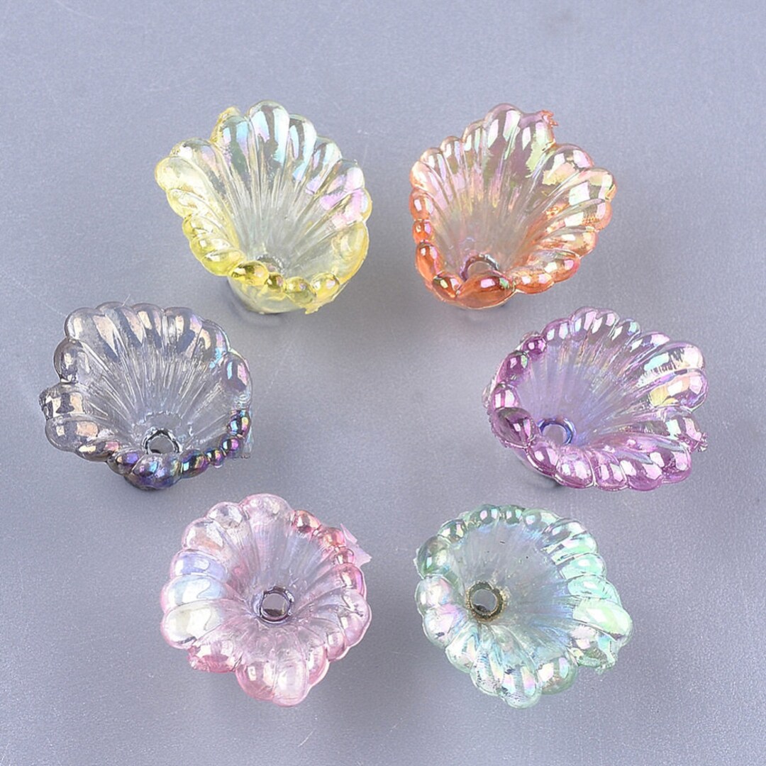 NEW 100/pc Iridescent Larger Fluted Flower Resin Flower 10mm Bead Cap ...