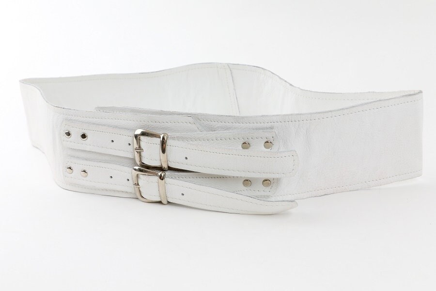 Elegant Wide White Leather Belt for Women With Double Silver Tone ...