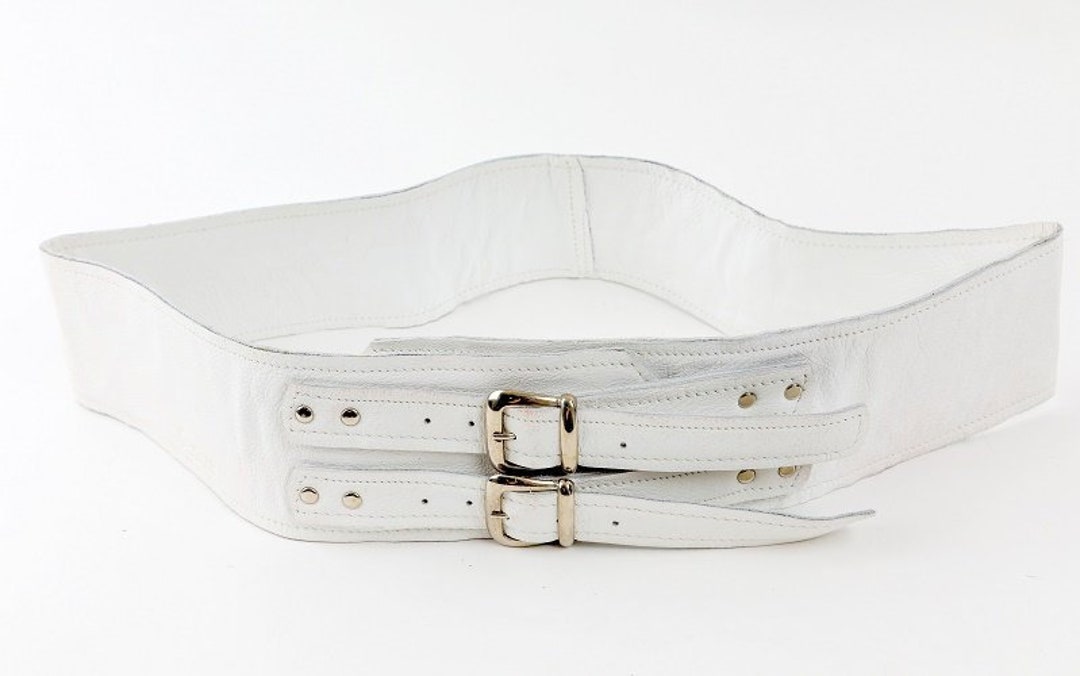 Elegant Wide White Leather Belt for Women With Double Silver Tone ...