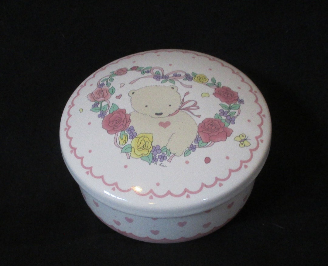 Large Trinket Box With Lid Vintage Ceramic Cute Bear and Roses Sweetest ...