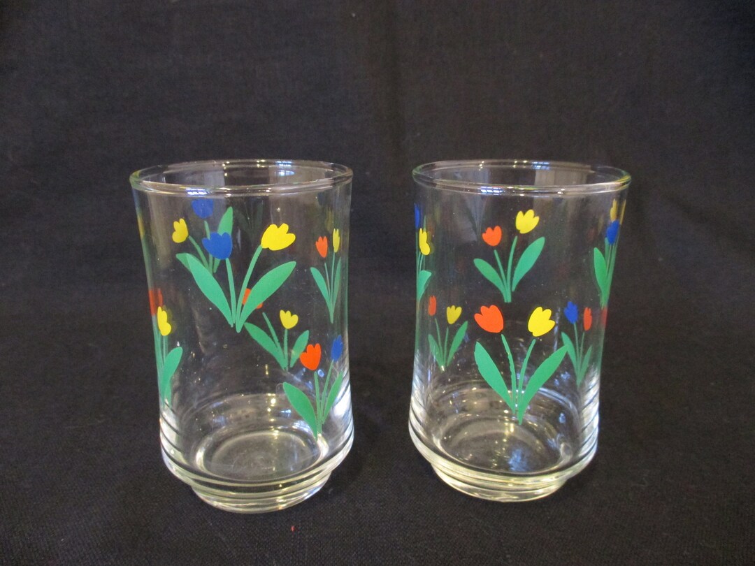 Vintage Libby Juice Glasses Set of 2 Red Blue Yellow Tulips 6 Oz ...