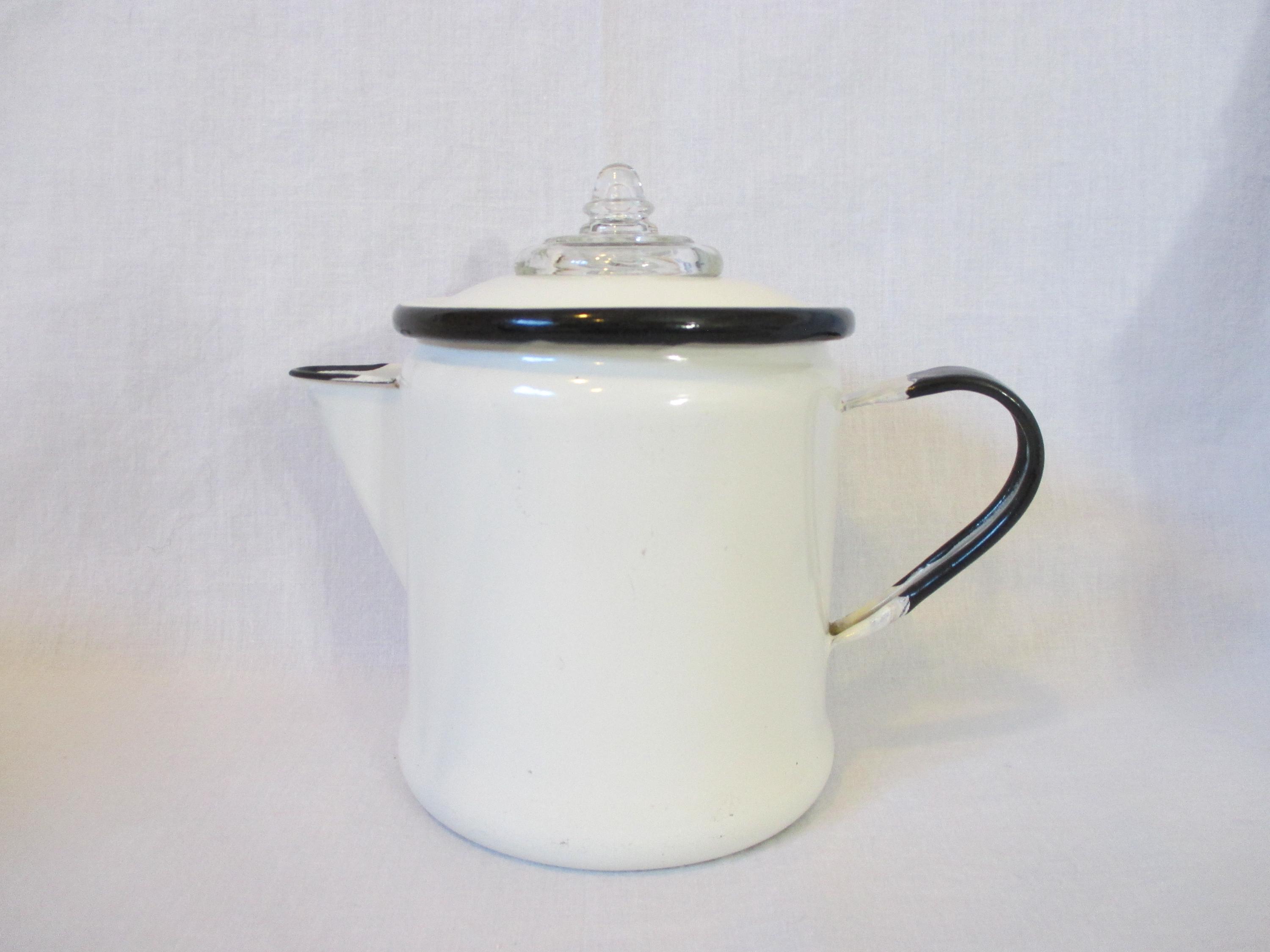 Coffeepot and Lid 1950s Enamelware Vintage Black and White Holds 6 Cups ...