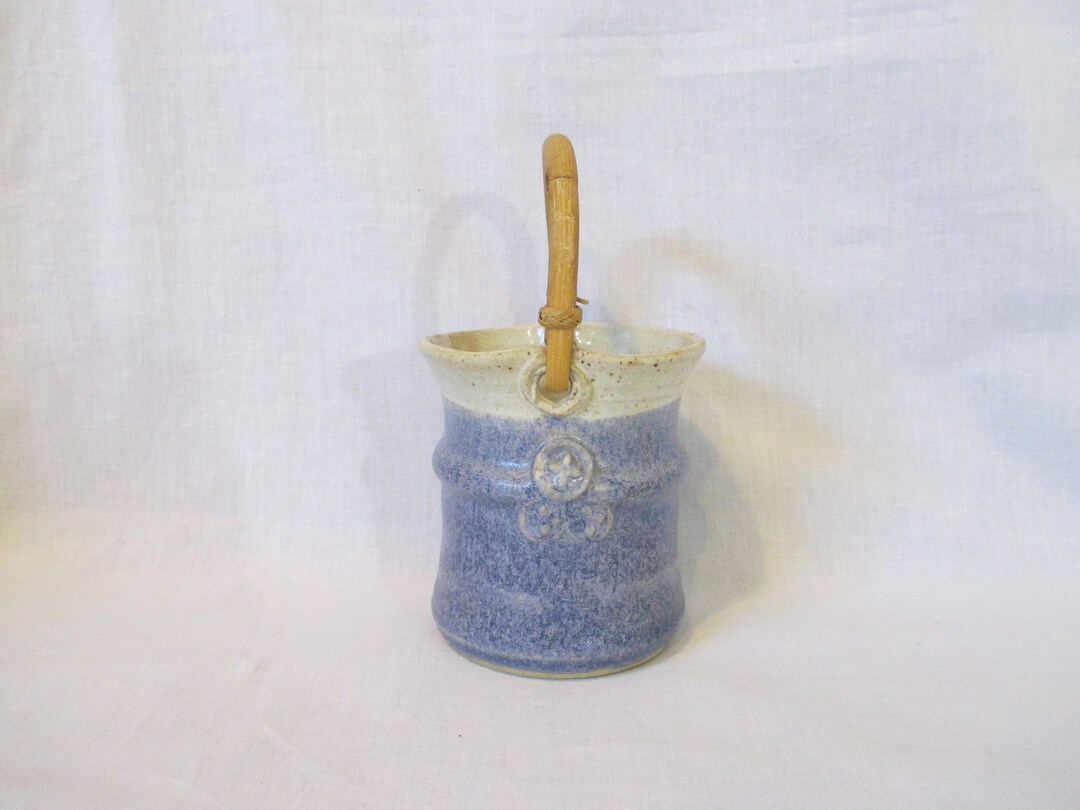 Vintage Studio Pottery Bucket With Reed Handle Bathroom Organizer ...