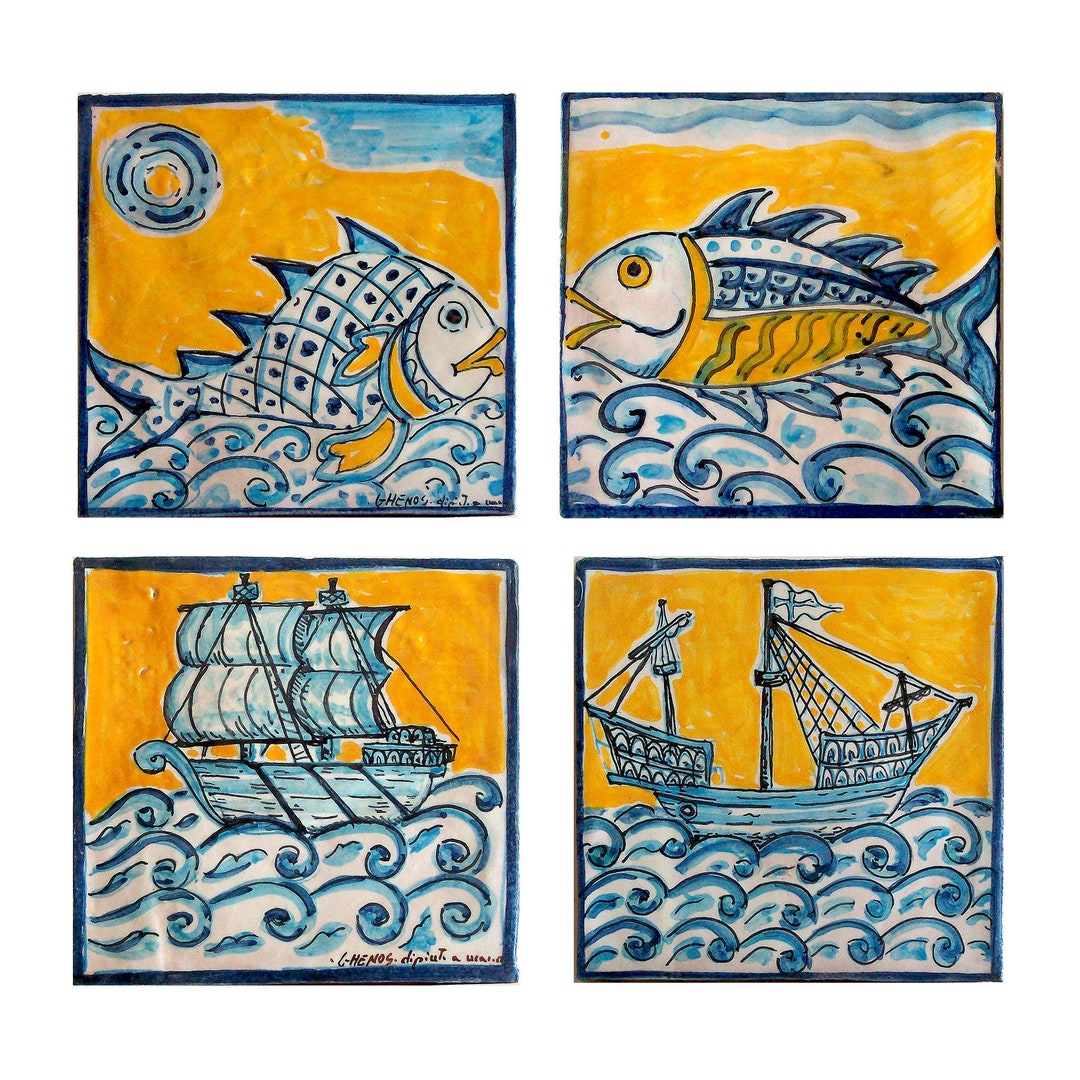 Wall Decor-4 Ceramic Tiles "fish and Ships" - Etsy