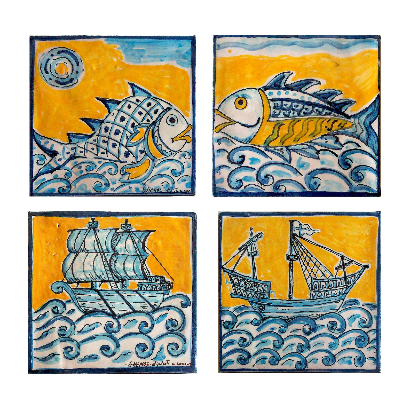 Wall Decor-4 Ceramic Tiles fish and Ships - Etsy