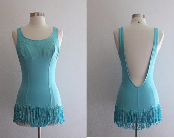 1960s Blue Swimsuit / Vintage 60s Deweese Teal Blue Fringe Knit Mod ...