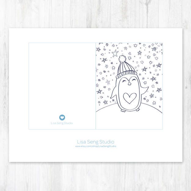 Printable Christmas Coloring Card - Black and White Penguin Kid's ...