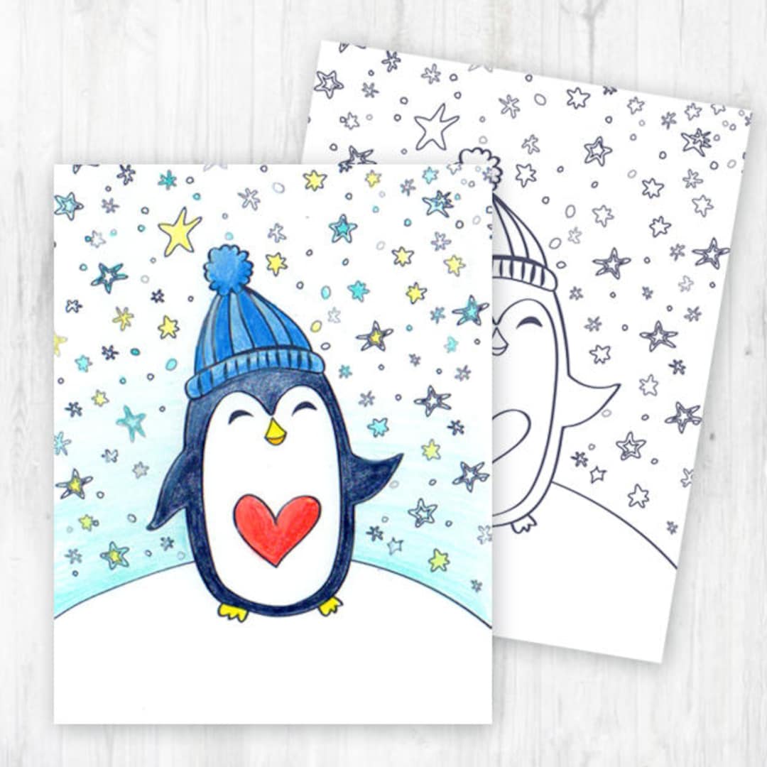 Printable Christmas Coloring Card - Black and White Penguin Kid's ...