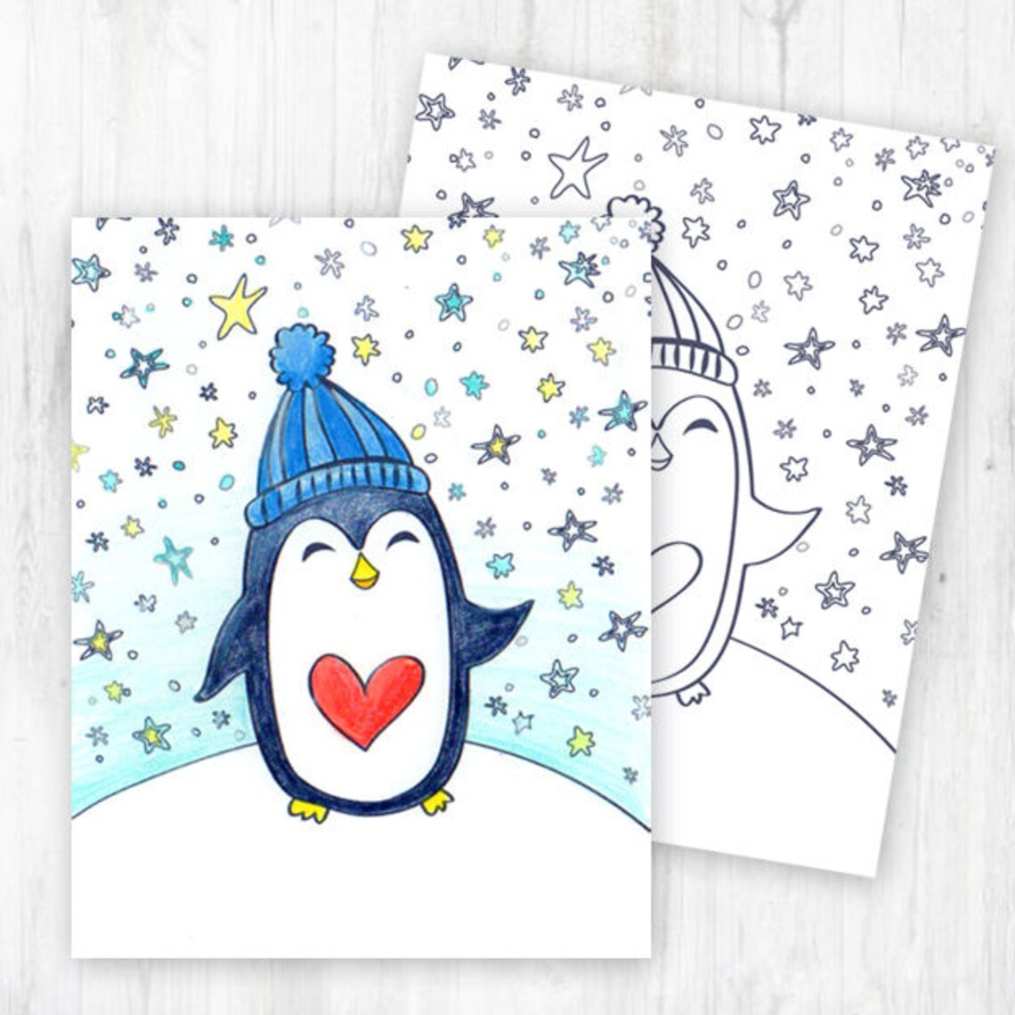 Printable Christmas Coloring Card - Black and White Penguin Kid's ...