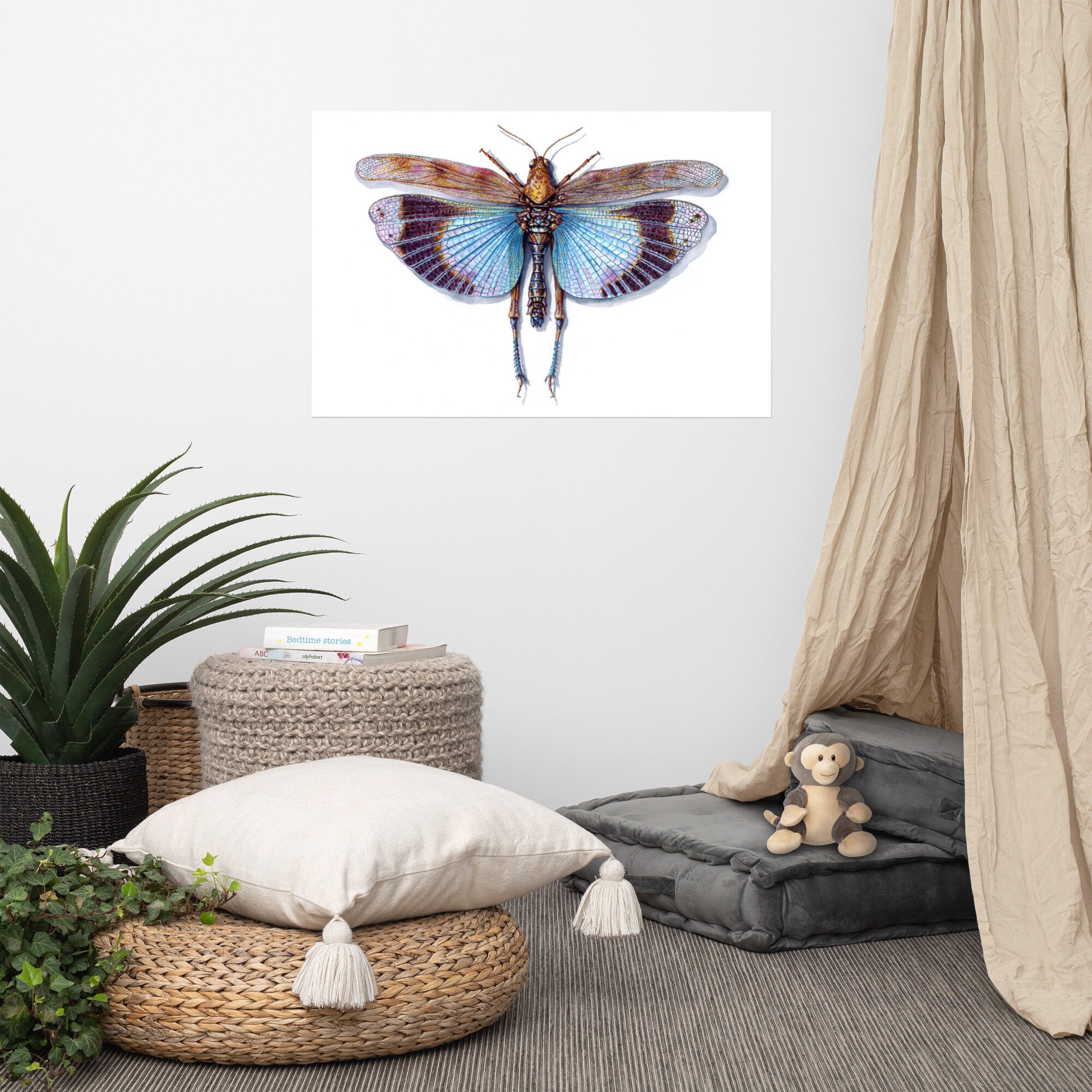 Blue Grasshopper Art Print, Insect Poster - Etsy