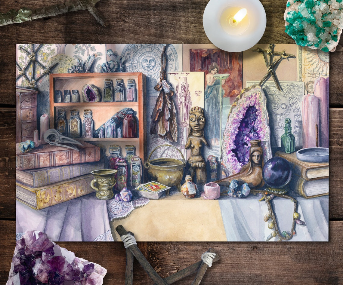 Witchcraft Altar Poster, Watercolor Spiritual Painting, Magical Still ...