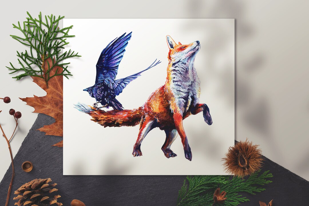 Fox and Raven Poster, Folk Art Print, Watercolor Fox, Painted Crow ...