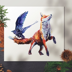 Fox and Raven Poster, Folk Art Print, Watercolor Fox, Painted Crow ...