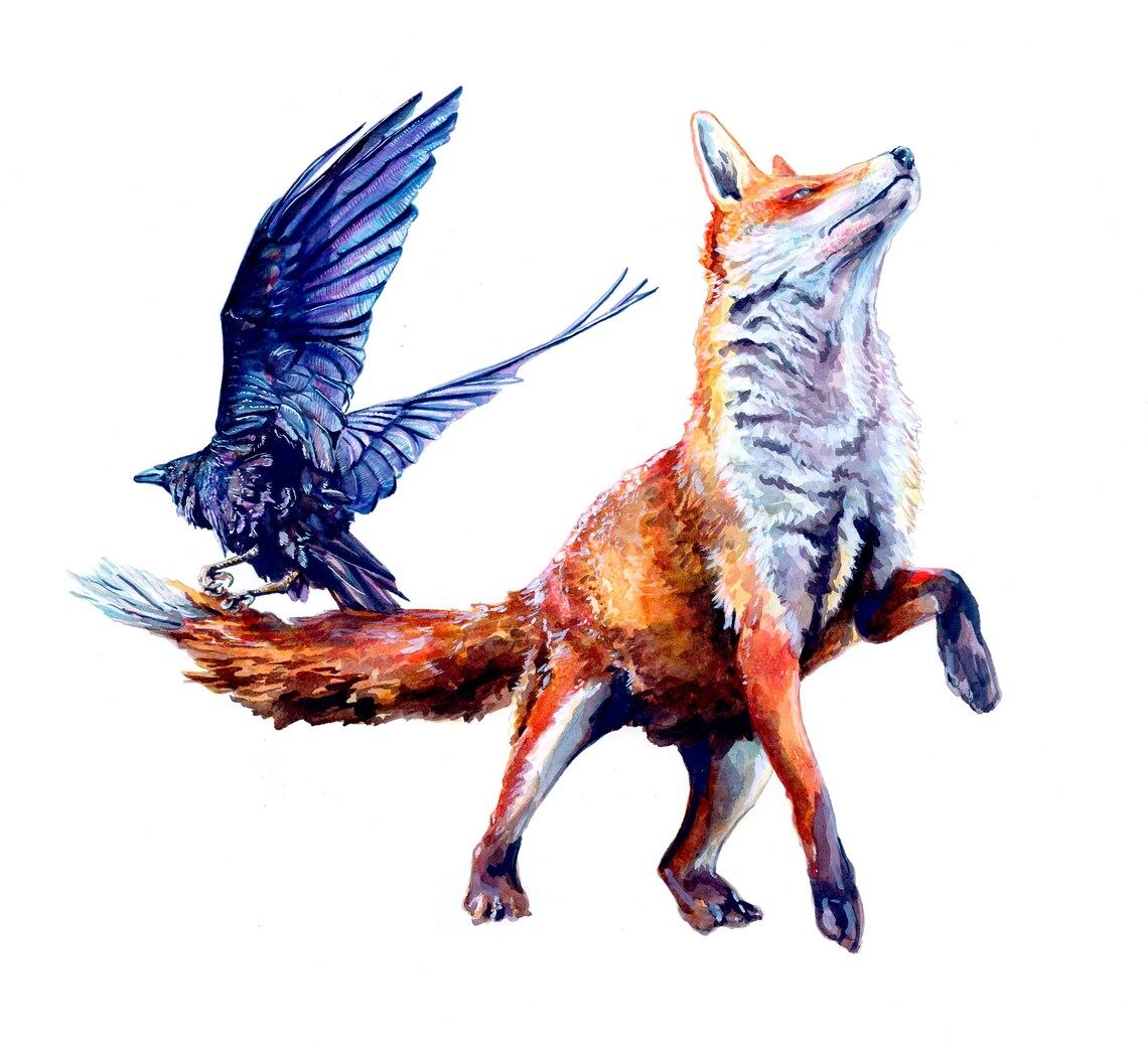 Fox and Raven Poster Folk Art Print Watercolor Fox Painted - Etsy