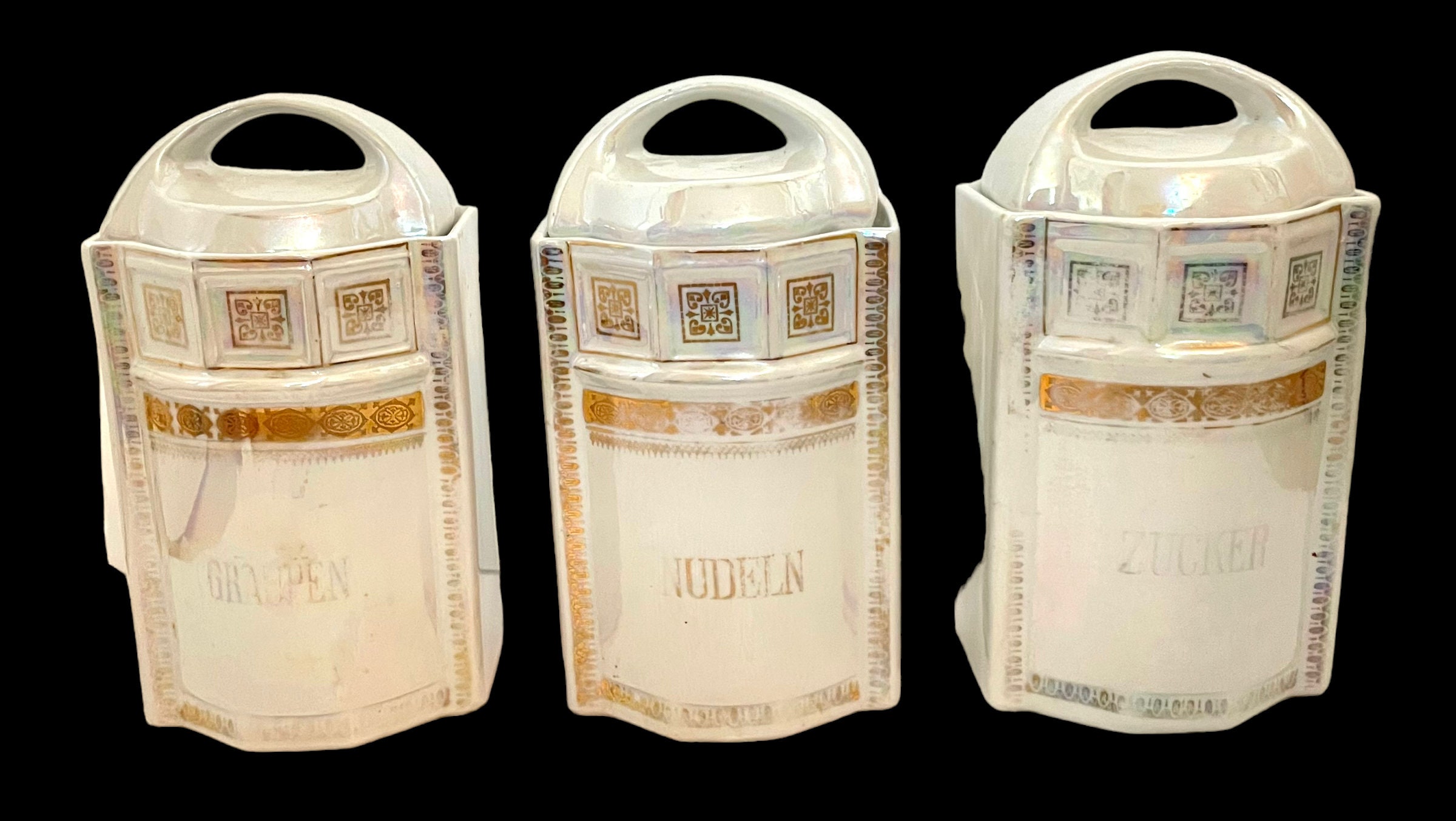 Antique Opalescent German Lusterware Canister Set 6 Large Jars With ...