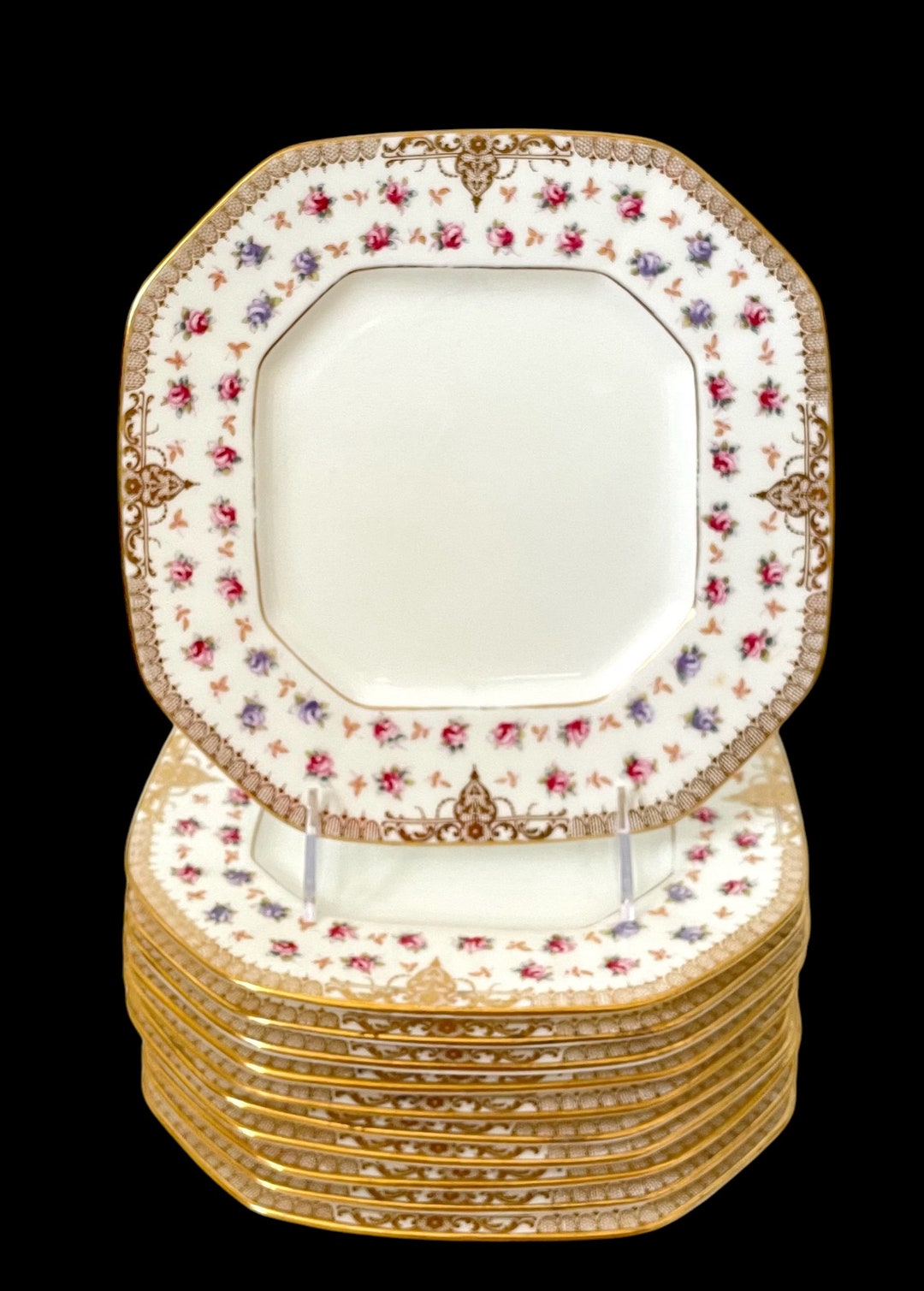 Antique Cauldon Floral Gilt Octagonal Salad or Dessert Plates. Set of ...