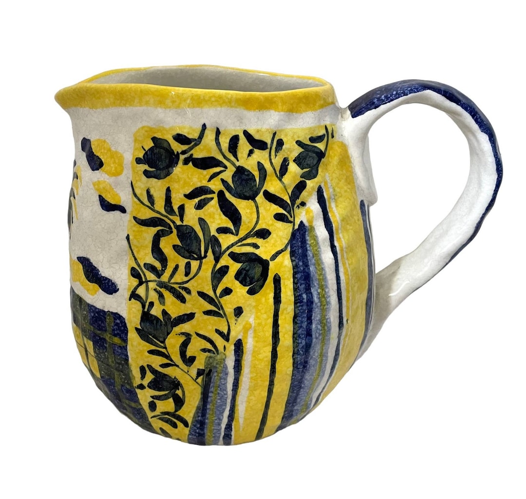Vintage Italian, Blue and Yellow, Ceramic Pitcher. Signed and Numbered ...