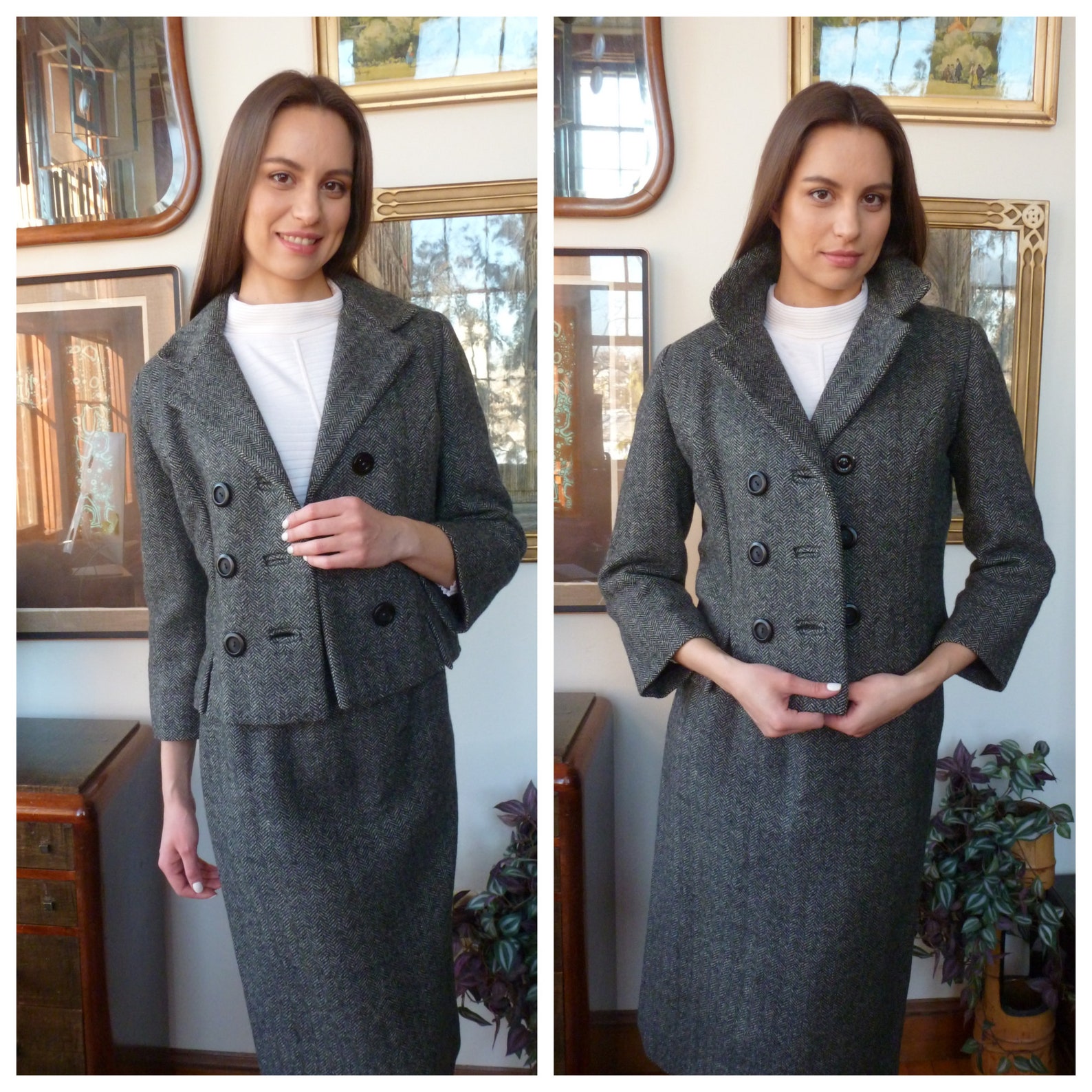 1950s Couture Suit Cropped Boxy Jacket Narrow Skirt Double Breasted ...
