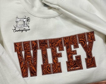 Wifey Faux Tooled Leather Fabric| Sweatshirt| Custom| Punchy | Western ...