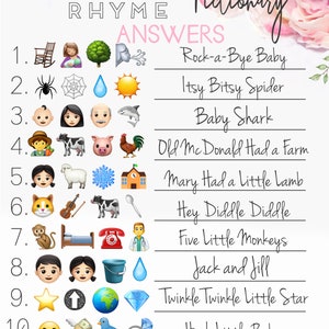 Baby Shower Emoji Pictionary Game - With Answers - Nursery Rhymes Songs ...