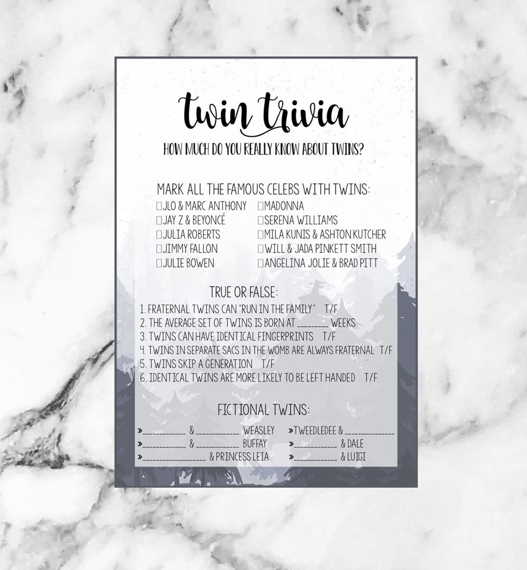 Twin Baby Shower Game : Twin Trivia Questions With Forest Trees ...