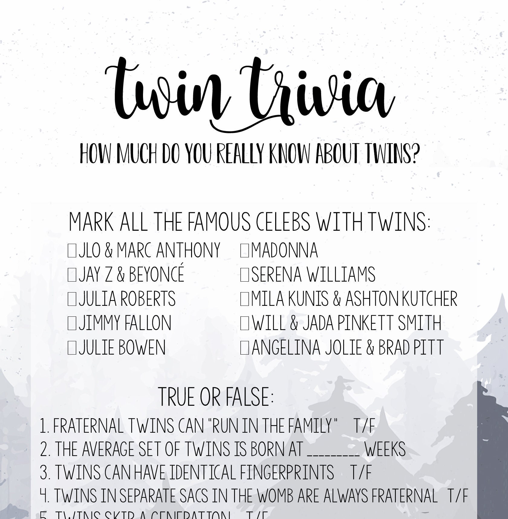 Twin Baby Shower Game : Twin Trivia Questions With Forest | Etsy