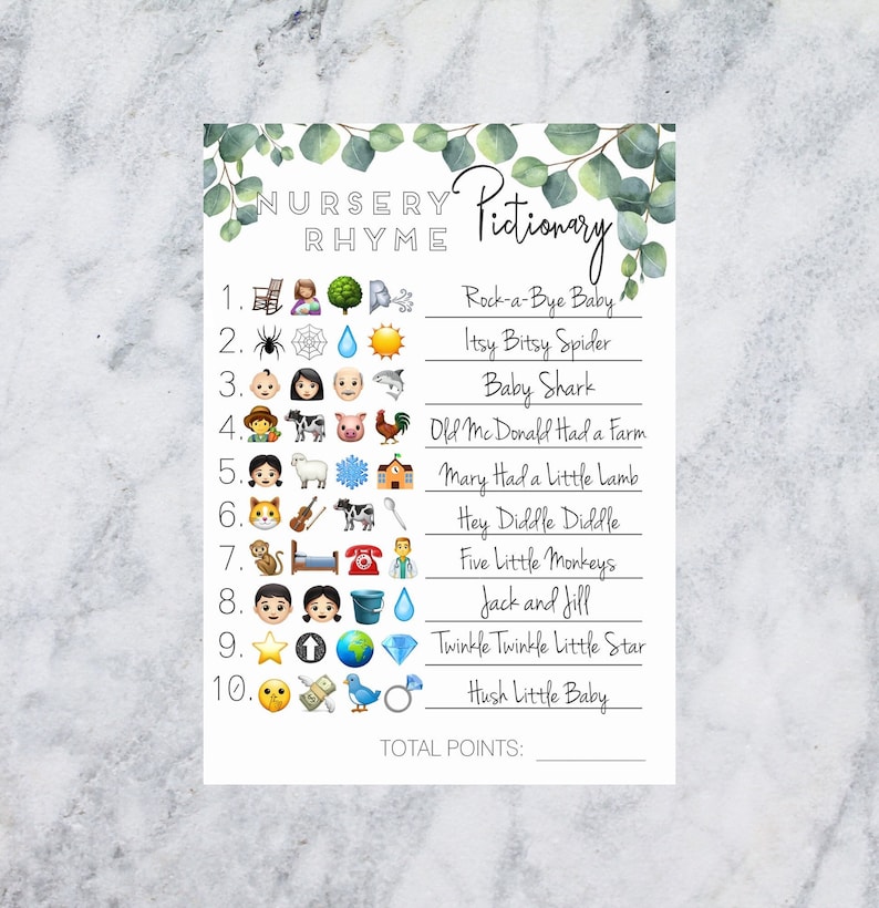 Baby Shower Emoji Pictionary Game - With Answers - Nursery Rhymes Songs ...