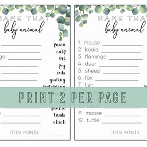 Baby Shower Game Name the Baby Animal - With Answer Key - Match the ...