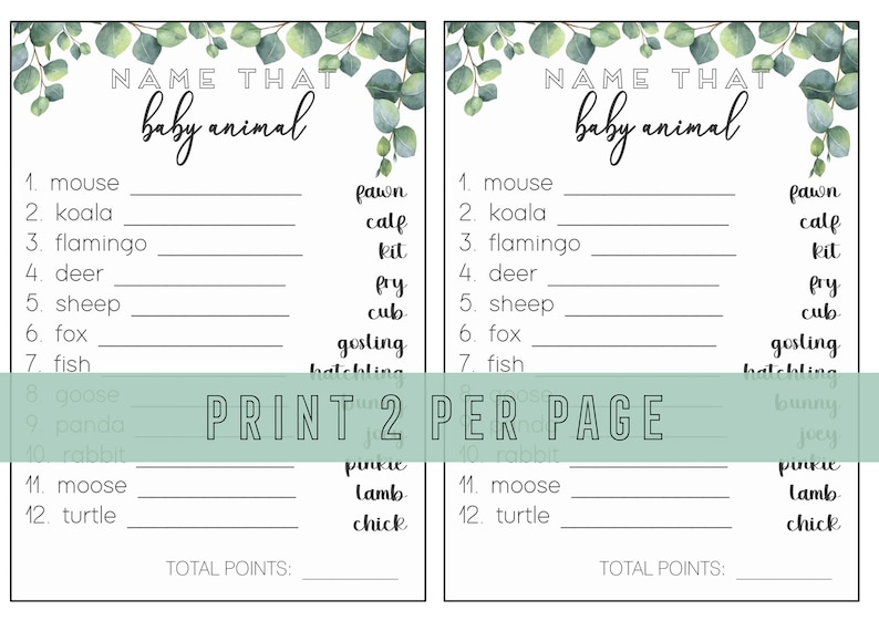 Baby Shower Game Name the Baby Animal With Answer Key - Etsy