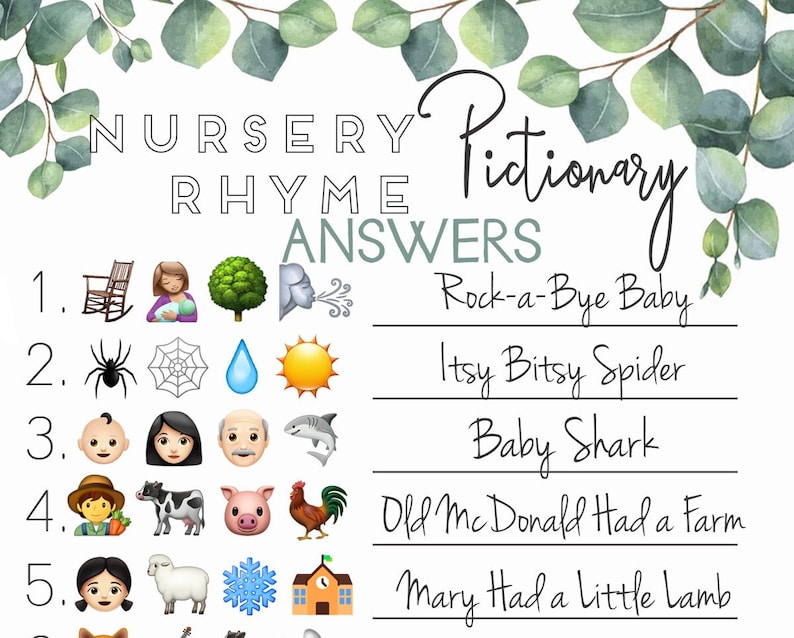 Baby Shower Emoji Pictionary Game - With Answers - Nursery Rhymes Songs ...