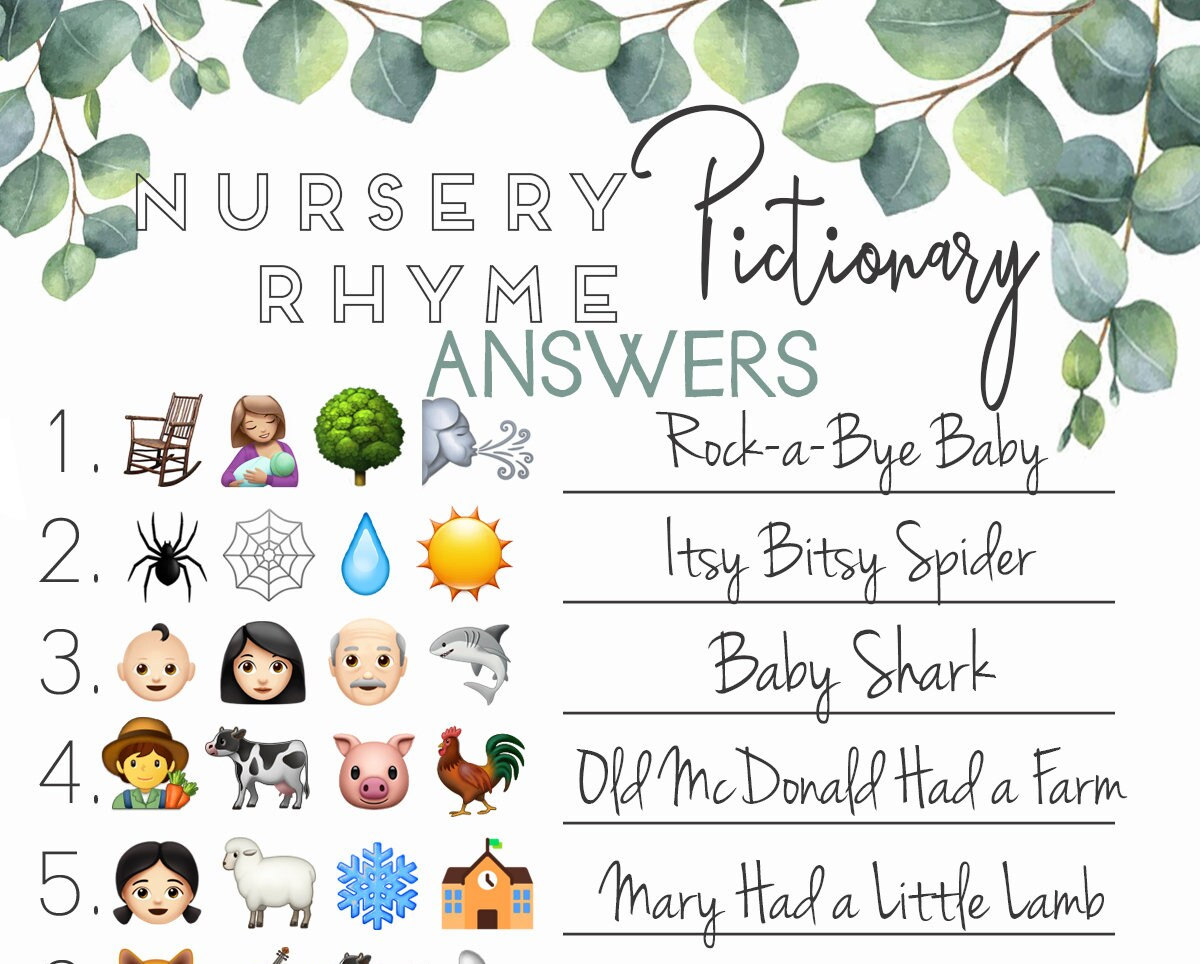 Baby Shower Emoji Pictionary Game - With Answers - Nursery Rhymes Songs ...