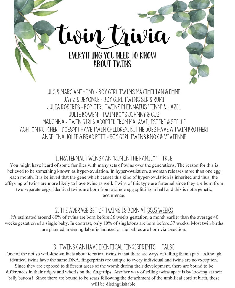 Twin Baby Shower Game : Twin Trivia Questions Instant | Etsy