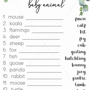 Baby Shower Game Name the Baby Animal - With Answer Key - Match the ...